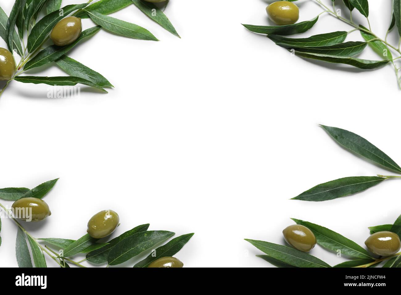 Frame made of green olives and leaves on white background Stock Photo ...