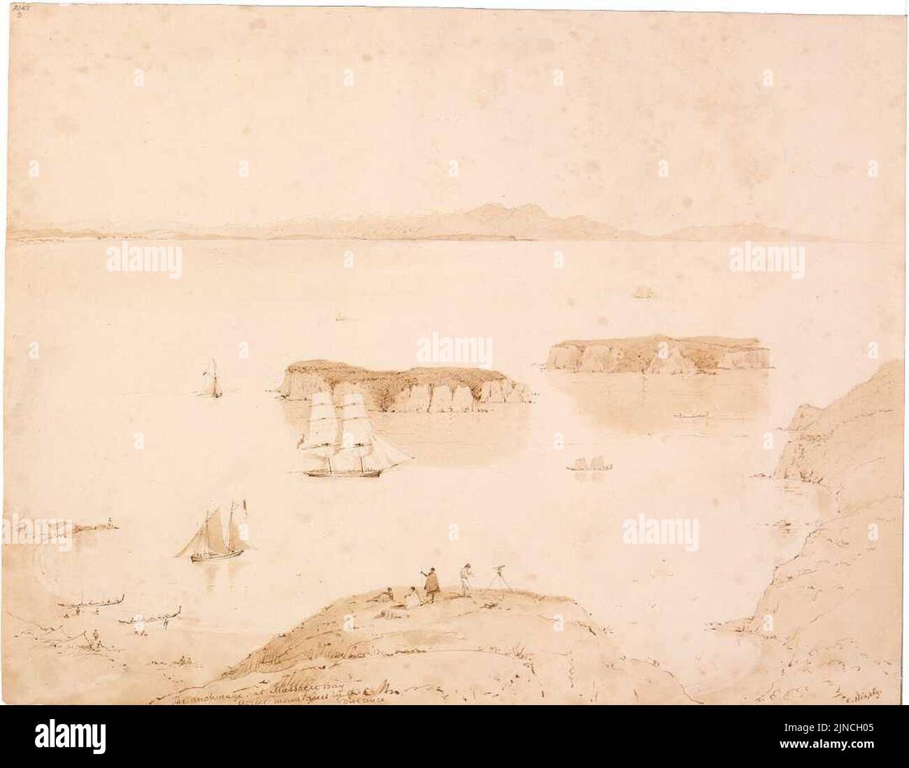 The anchorage at Massacre Bay. Aorere mountains in the distance Stock ...