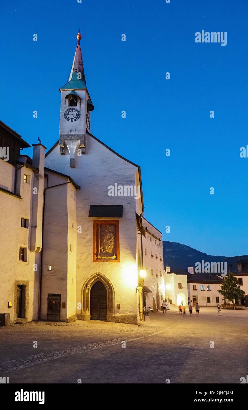 In the courtyard of the Hohensalzburg fortress at night. It is the ...