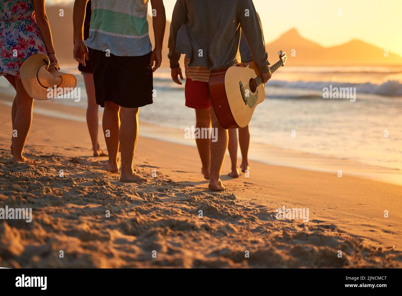 Take a walk and enjoy the sea breeze. Rearview shot of a group of ...