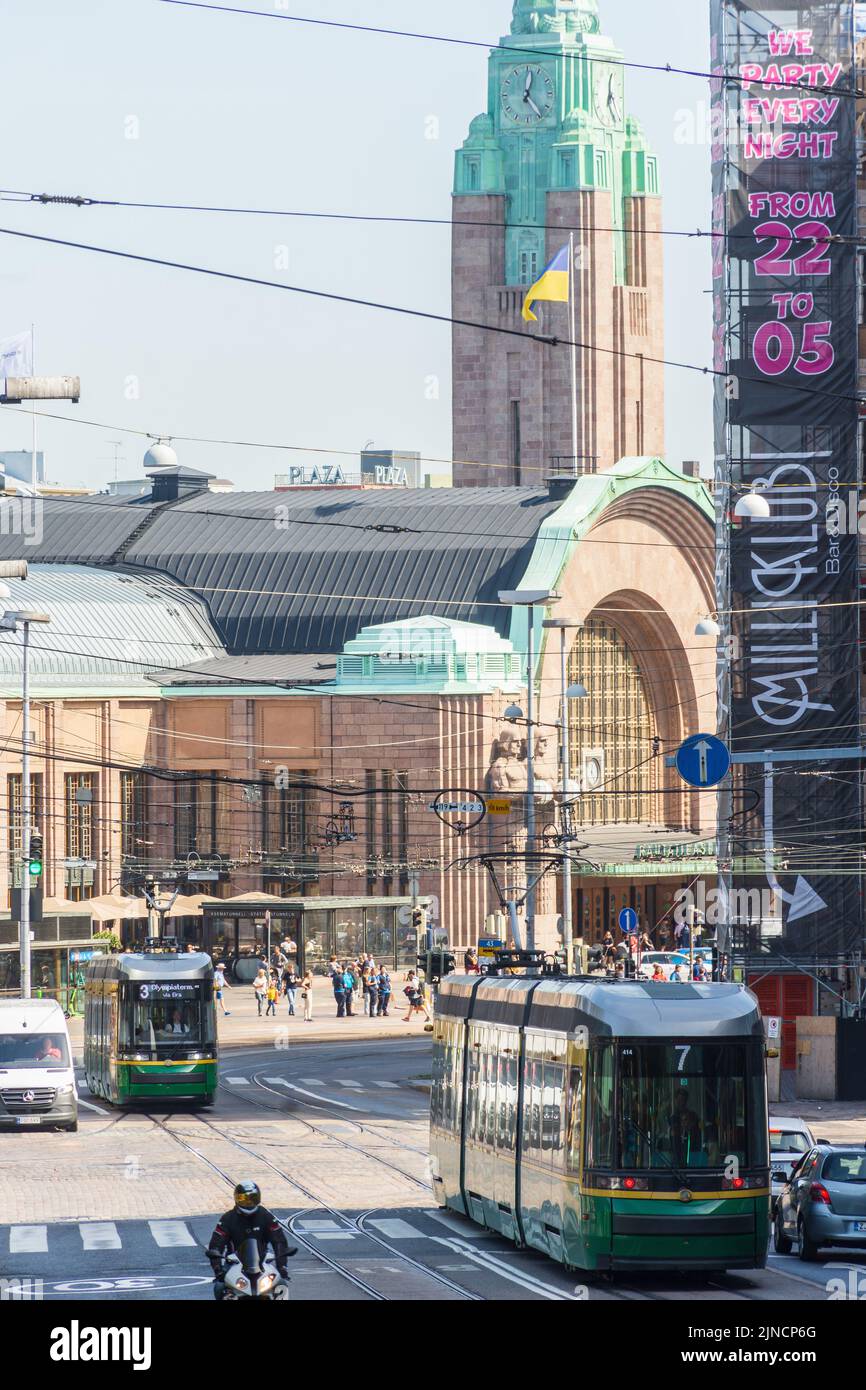 Tram going don the Simonkatu street to the Railway station in Helsinki ...