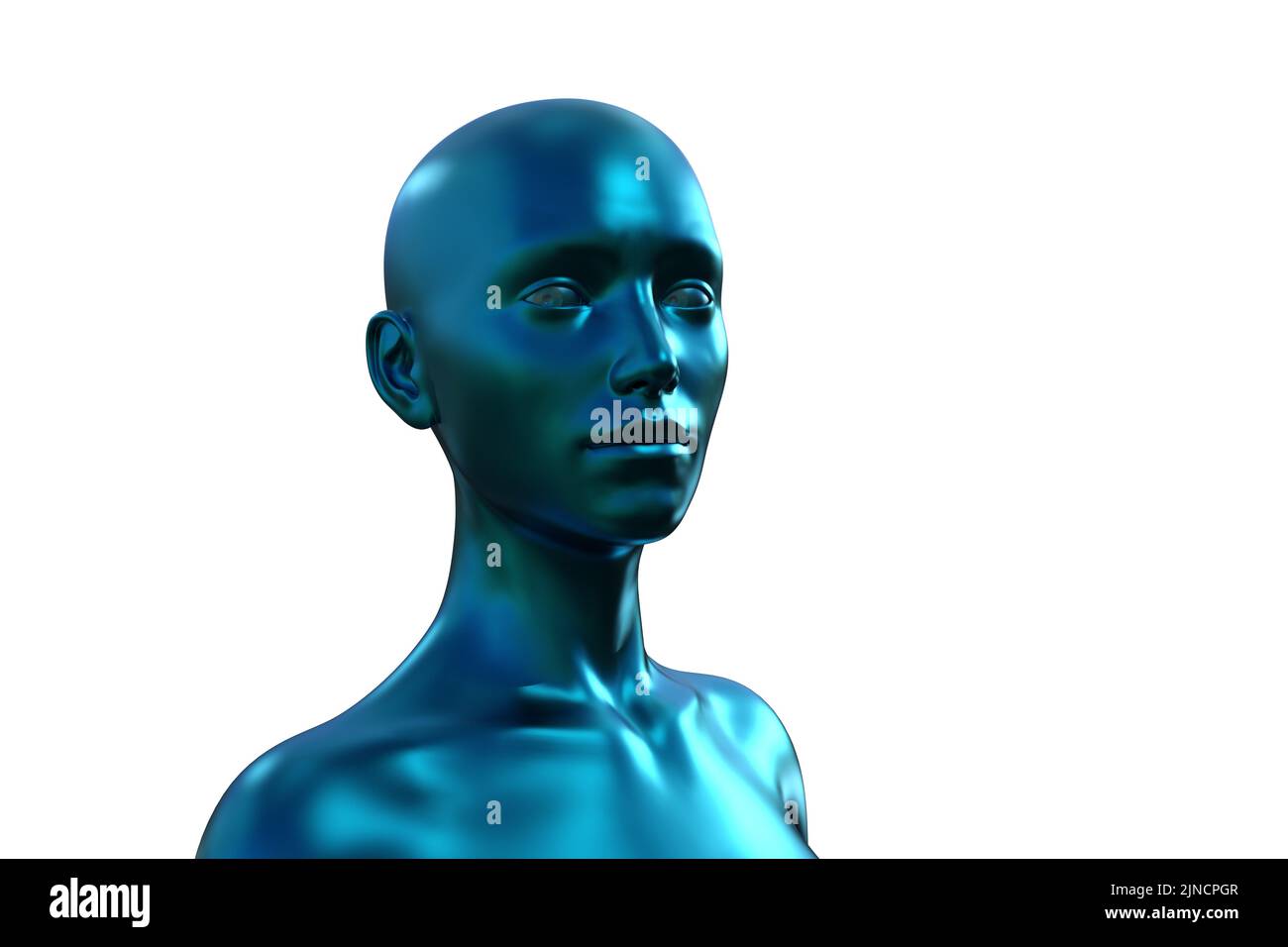 3d illustration. Portrait of a blue bald woman on a white background ...