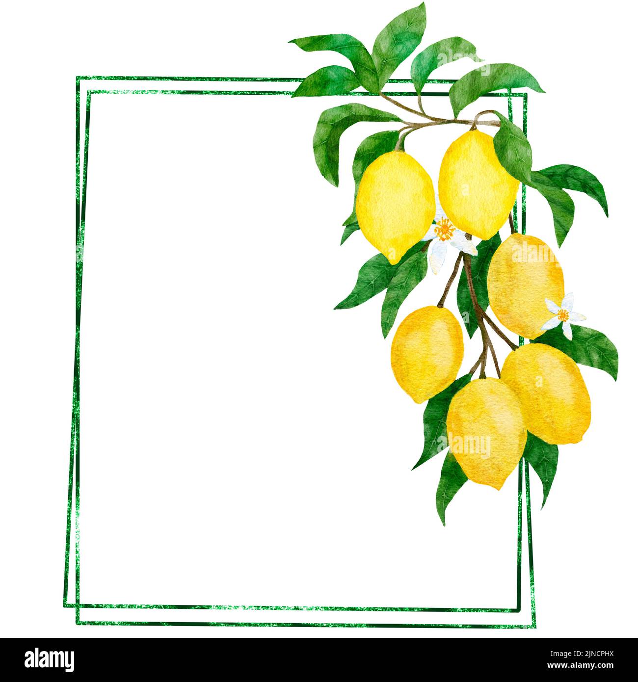 Watercolor hand drawn frame poster with yellow lemons and green leaves ...