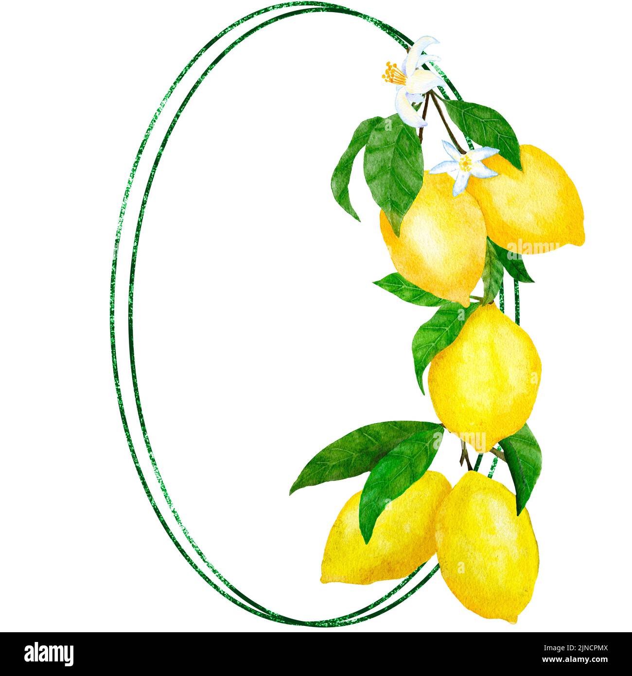 Watercolor hand drawn frame poster with yellow lemons and green leaves ...