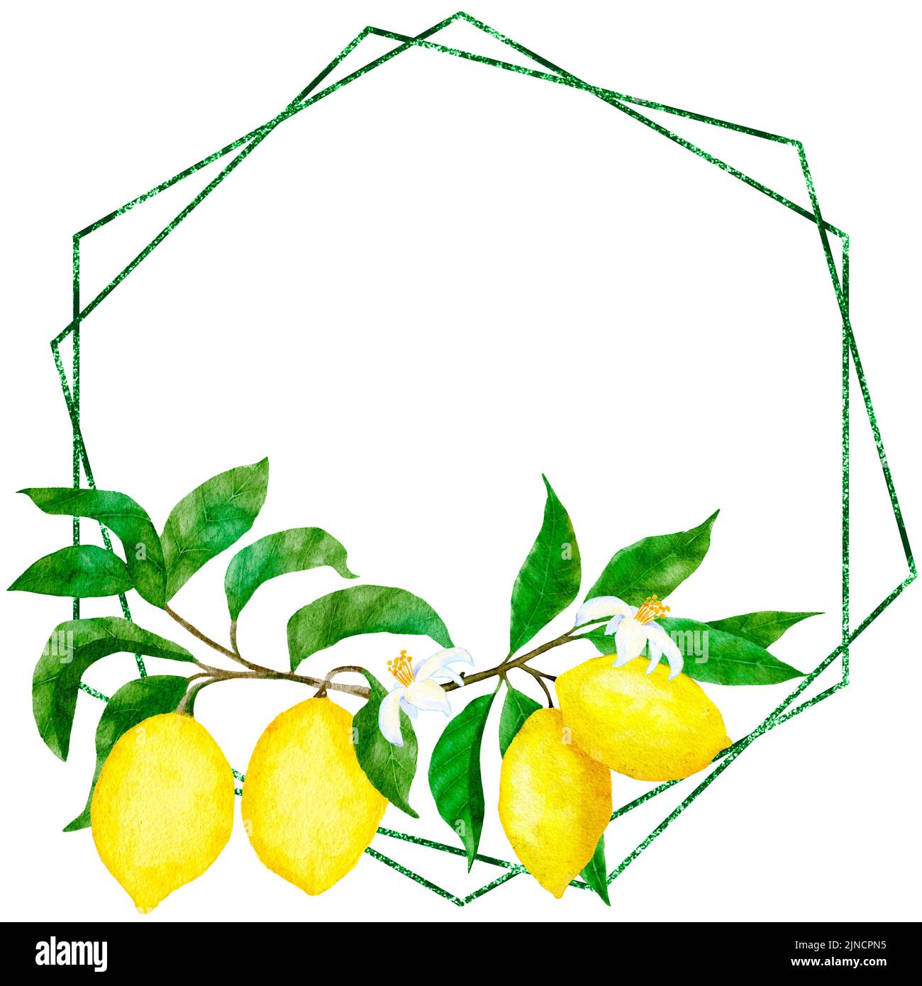 Watercolor hand drawn frame poster with yellow lemons and green leaves ...