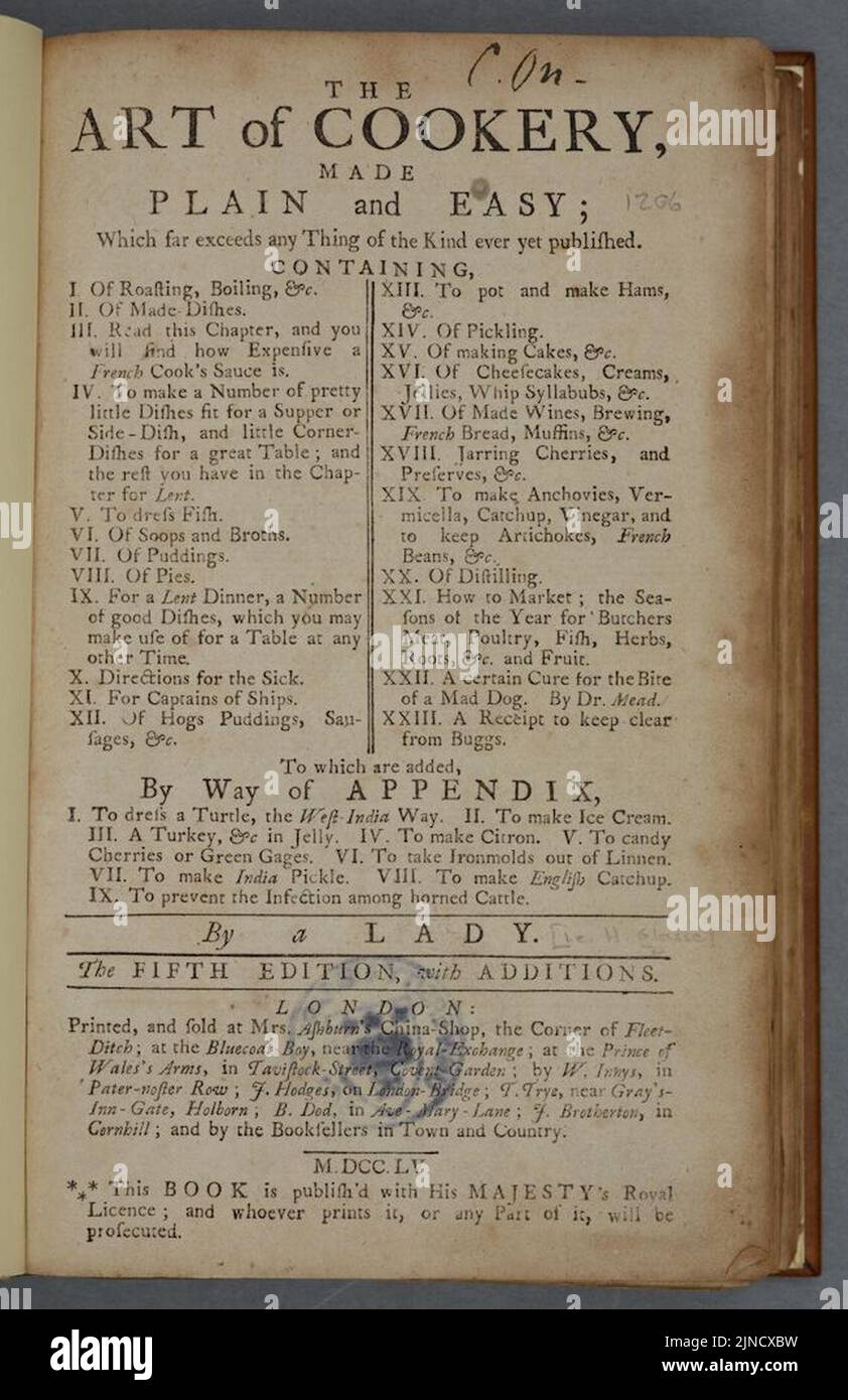 The Art of Cookery Made Plain and Easy Hannah Glasse Stock Photo - Alamy