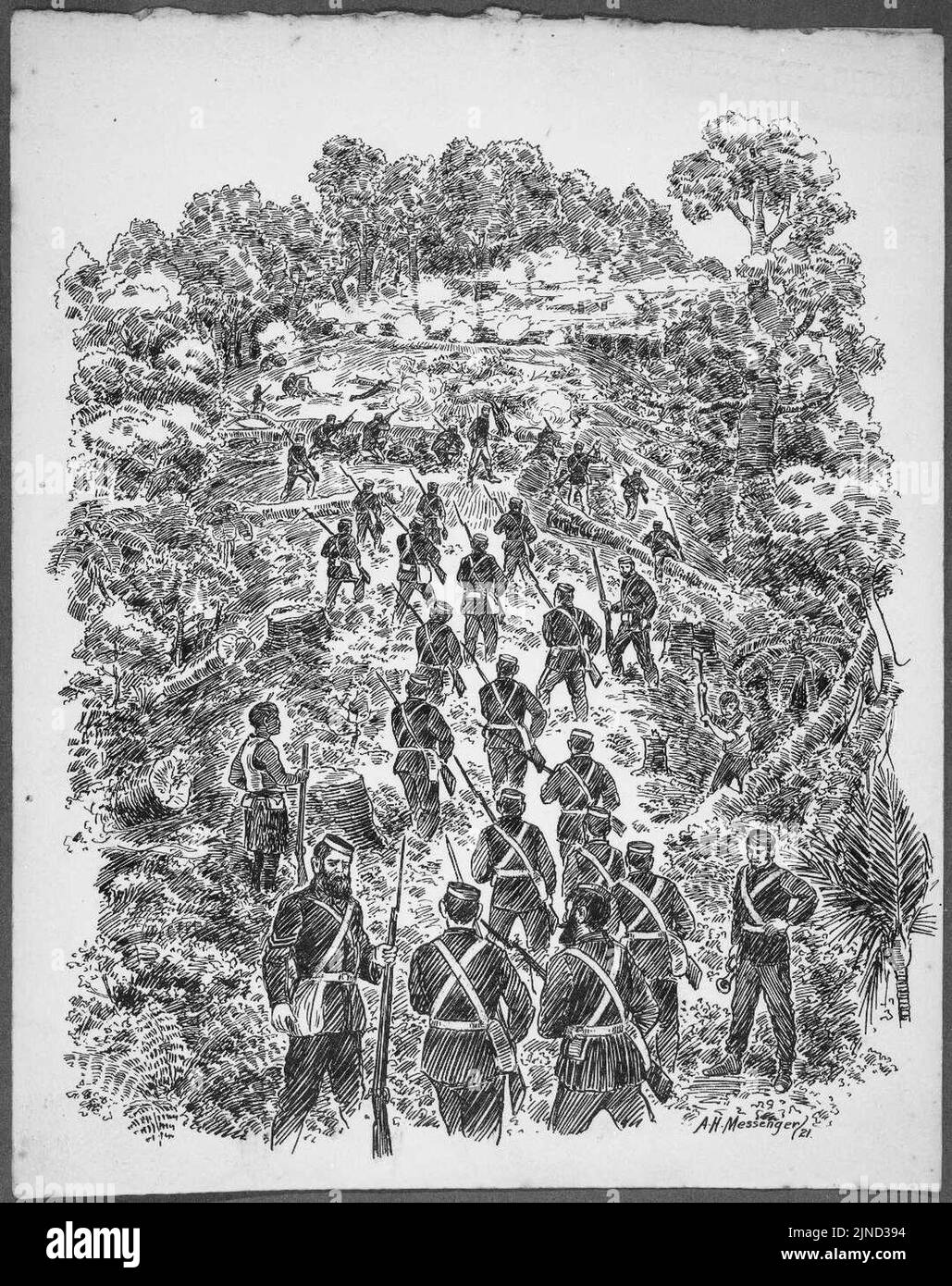 The Attack on Rangihaeata's position, Horokiri, ink drawing by Arthur ...