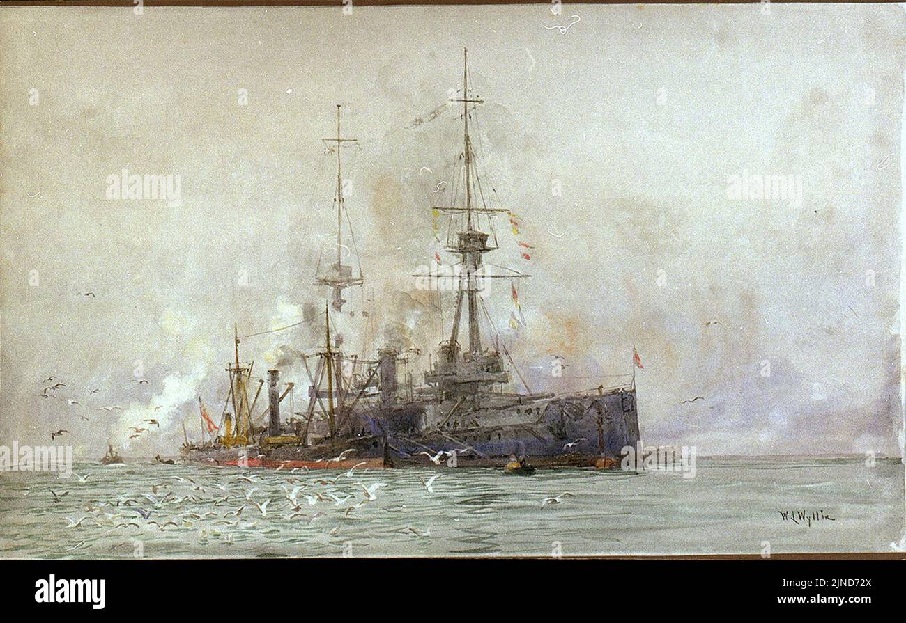 The battleship, HMS 'Neptune', at moorings taking on coal Stock Photo ...