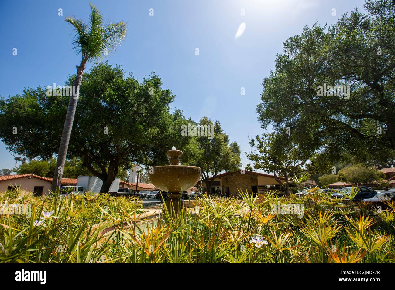 Daytime view of a fountain in the historic block of downtown Montecito ...