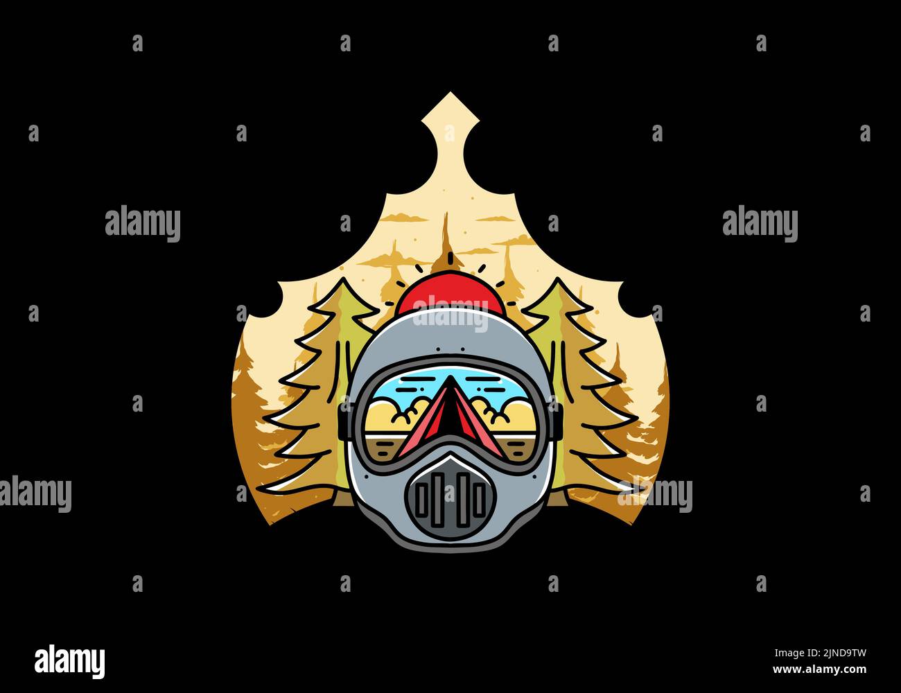 Illustration of a trail helmet with a pine tree beside and big sun ...