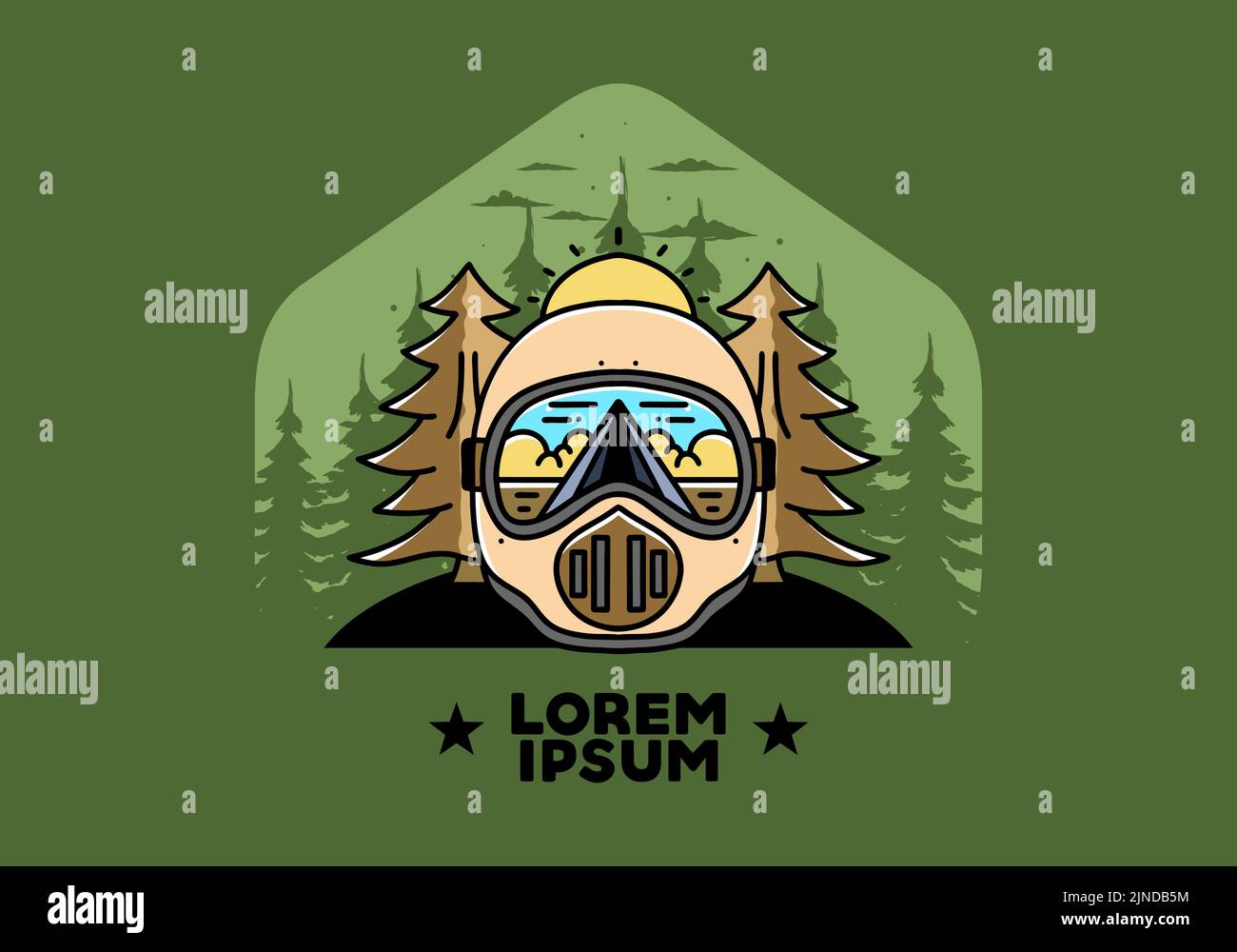 Illustration of a trail helmet with a pine tree beside and big sun ...