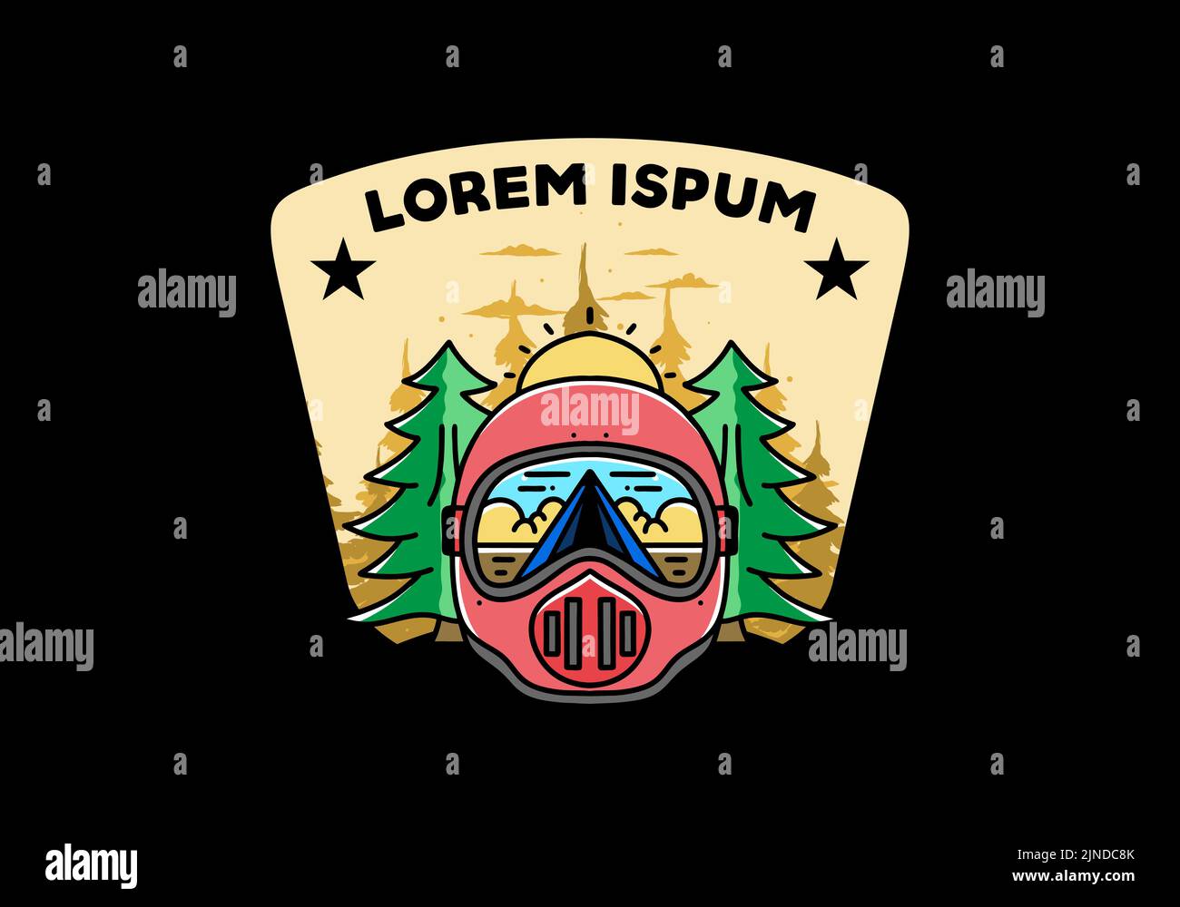 Illustration of a trail helmet with a pine tree beside and big sun ...