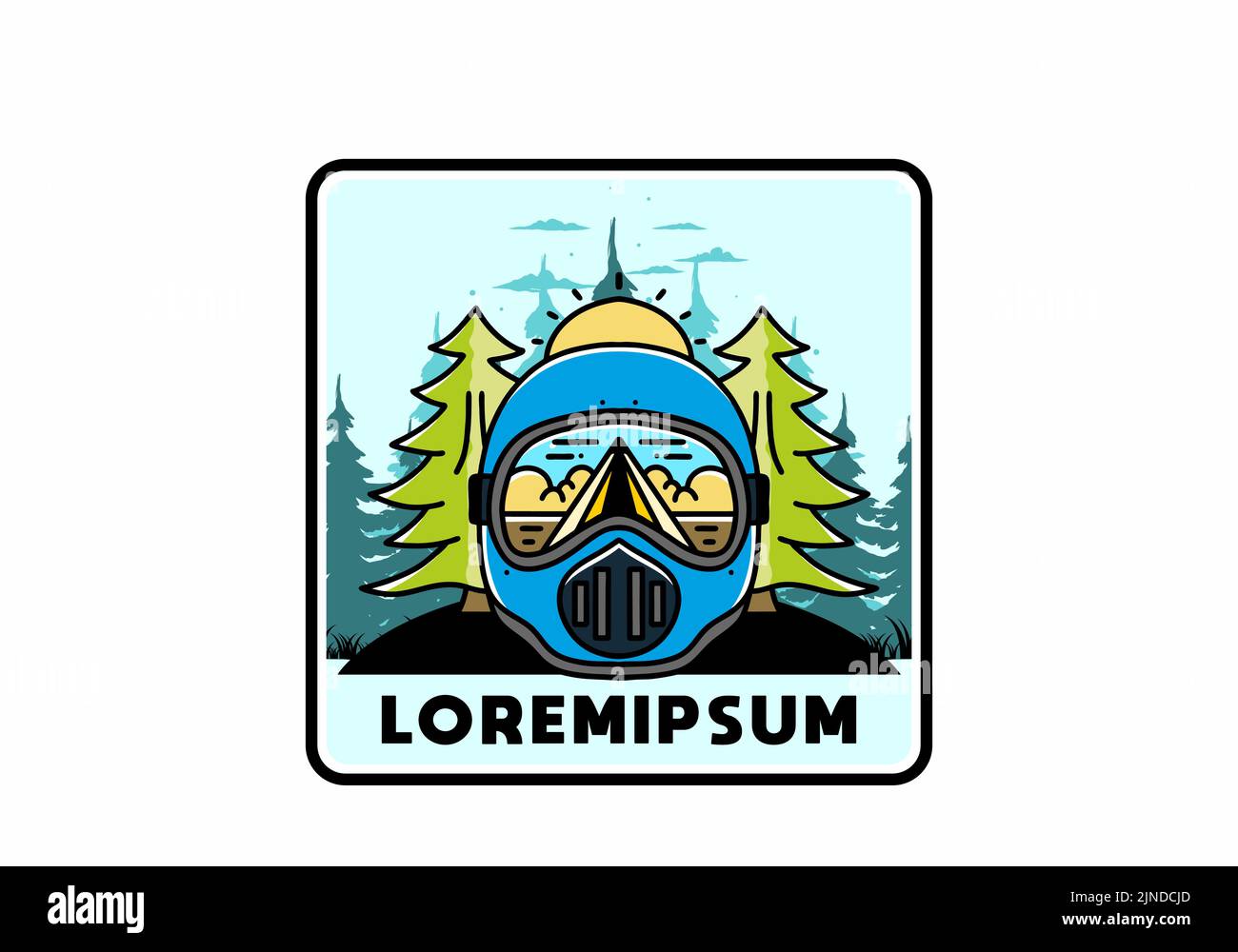 Illustration of a trail helmet with a pine tree beside and big sun ...