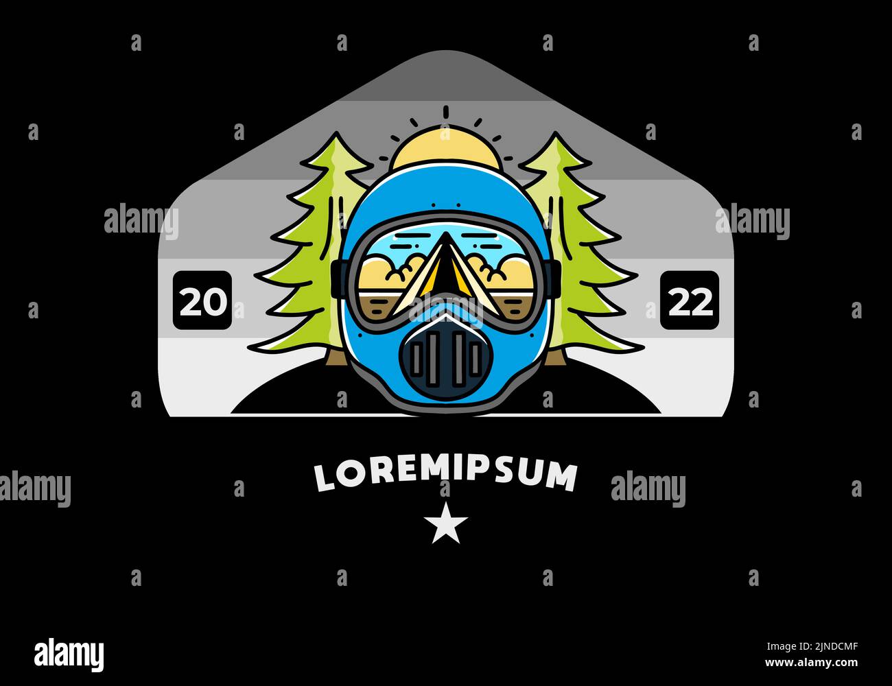 Illustration of a trail helmet with a pine tree beside and big sun ...