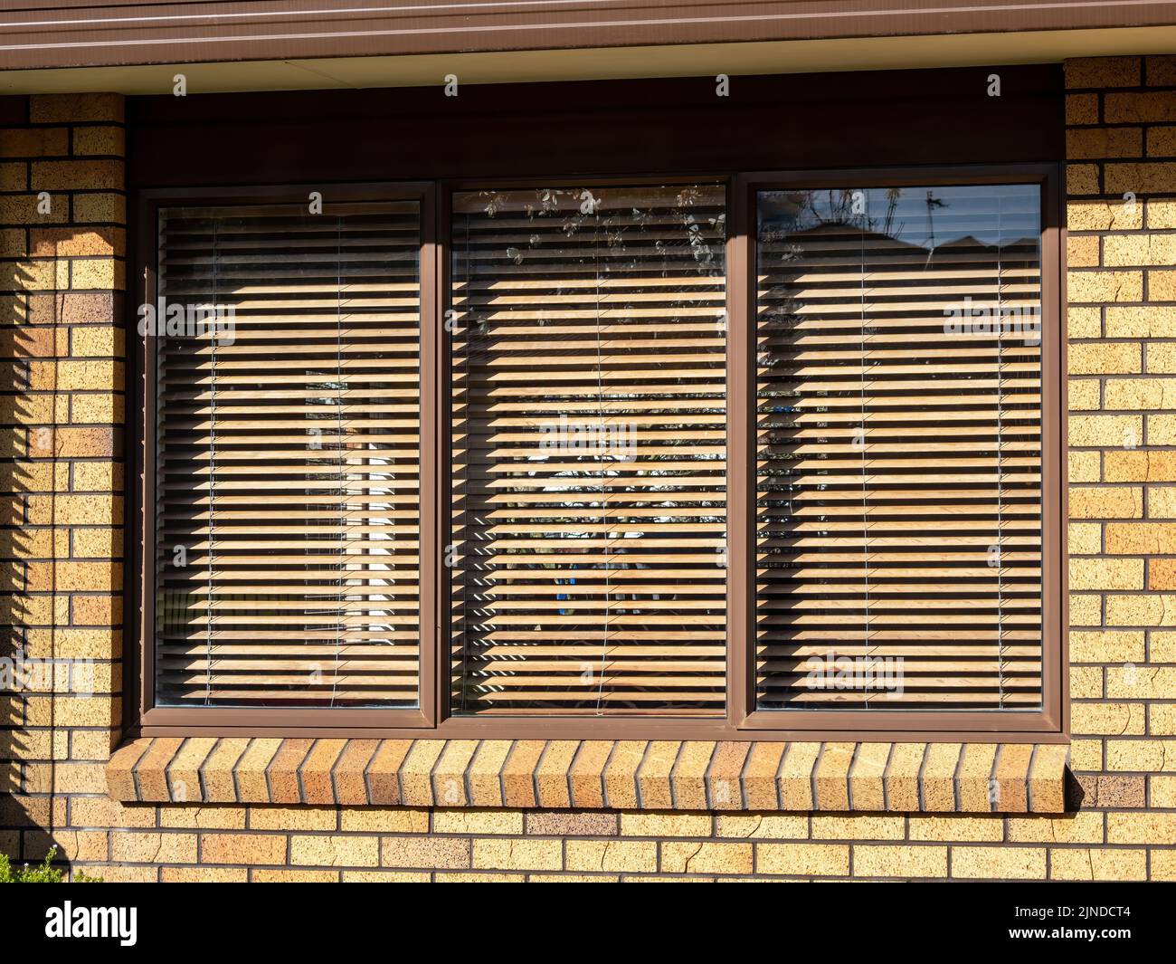Aluminum frame window with wooden blinds. Bright amber brick wall with ...