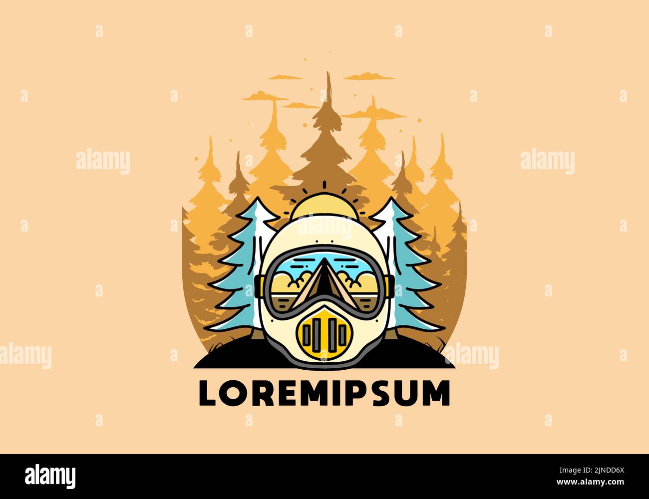 Illustration of a trail helmet with a pine tree beside and big sun ...