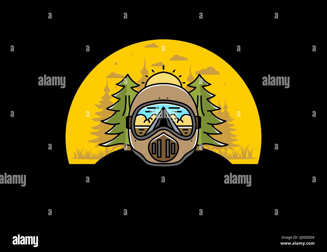 Illustration of a trail helmet with a pine tree beside and big sun ...
