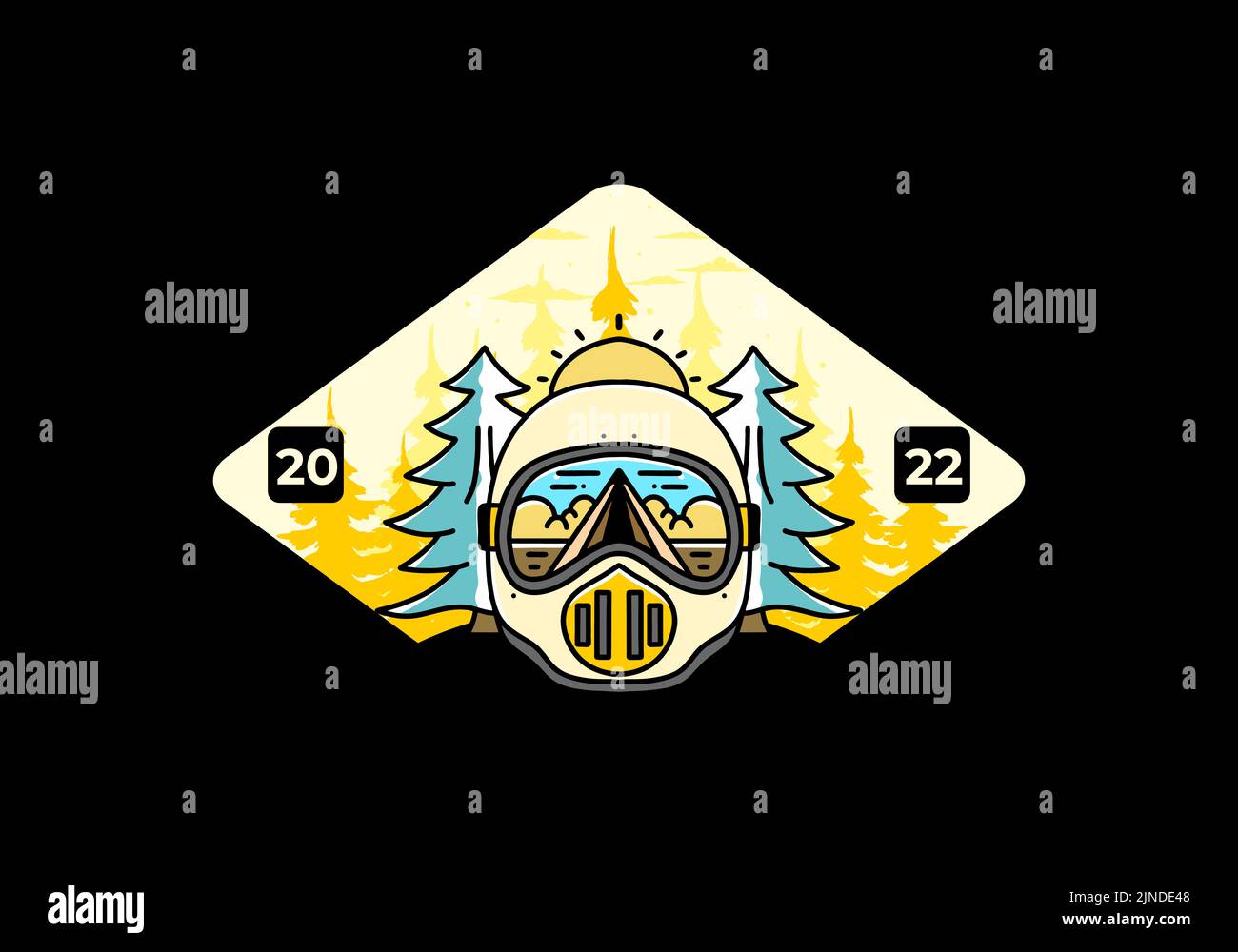 Illustration of a trail helmet with a pine tree beside and big sun ...