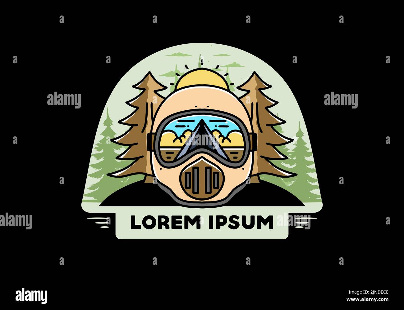 Illustration of a trail helmet with a pine tree beside and big sun ...