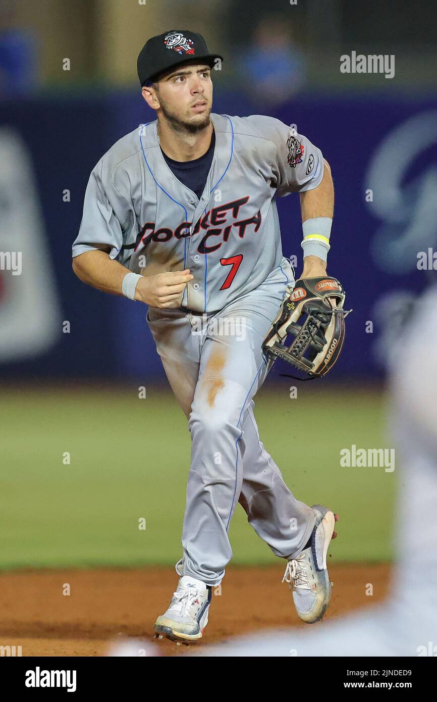 August 10, 2022: Rocket City Trash Pandas infielder Zach Neto (7) backs ...