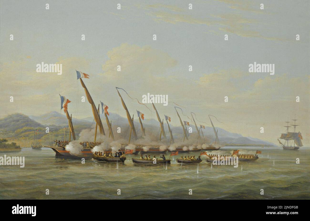 The Boats of H.M.S Sloop Procris (10 guns) engaging French Gunboats off the mouth of the ...