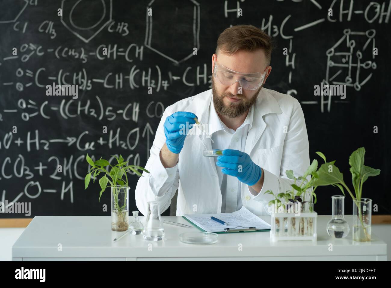 A biotechnologist in a modern laboratory conducts experiments with ...