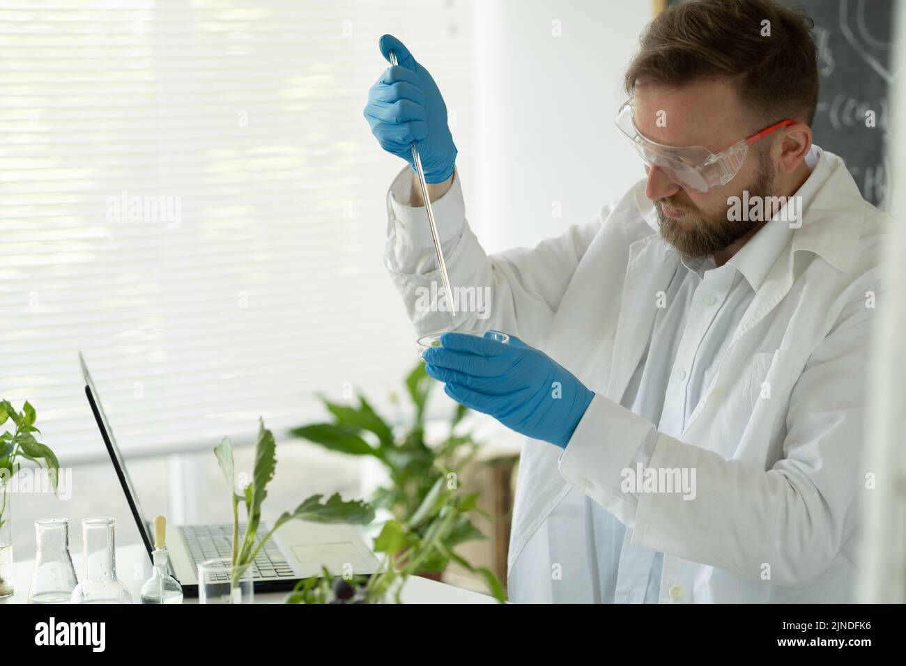 Male scientist working on a laptop computer, making analysis of a lab ...