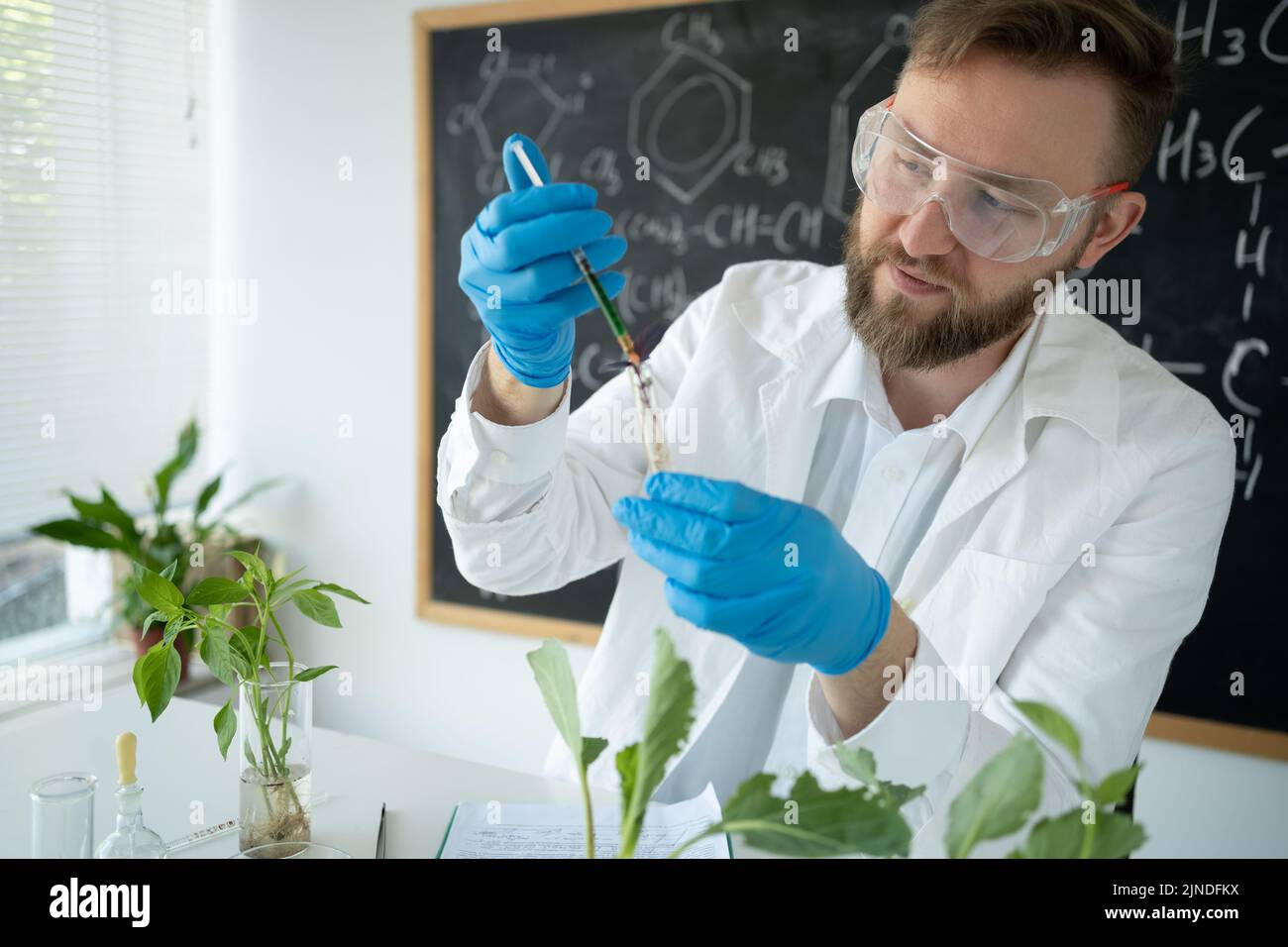 Serious male genetic scientist in white coat innovative research in ...