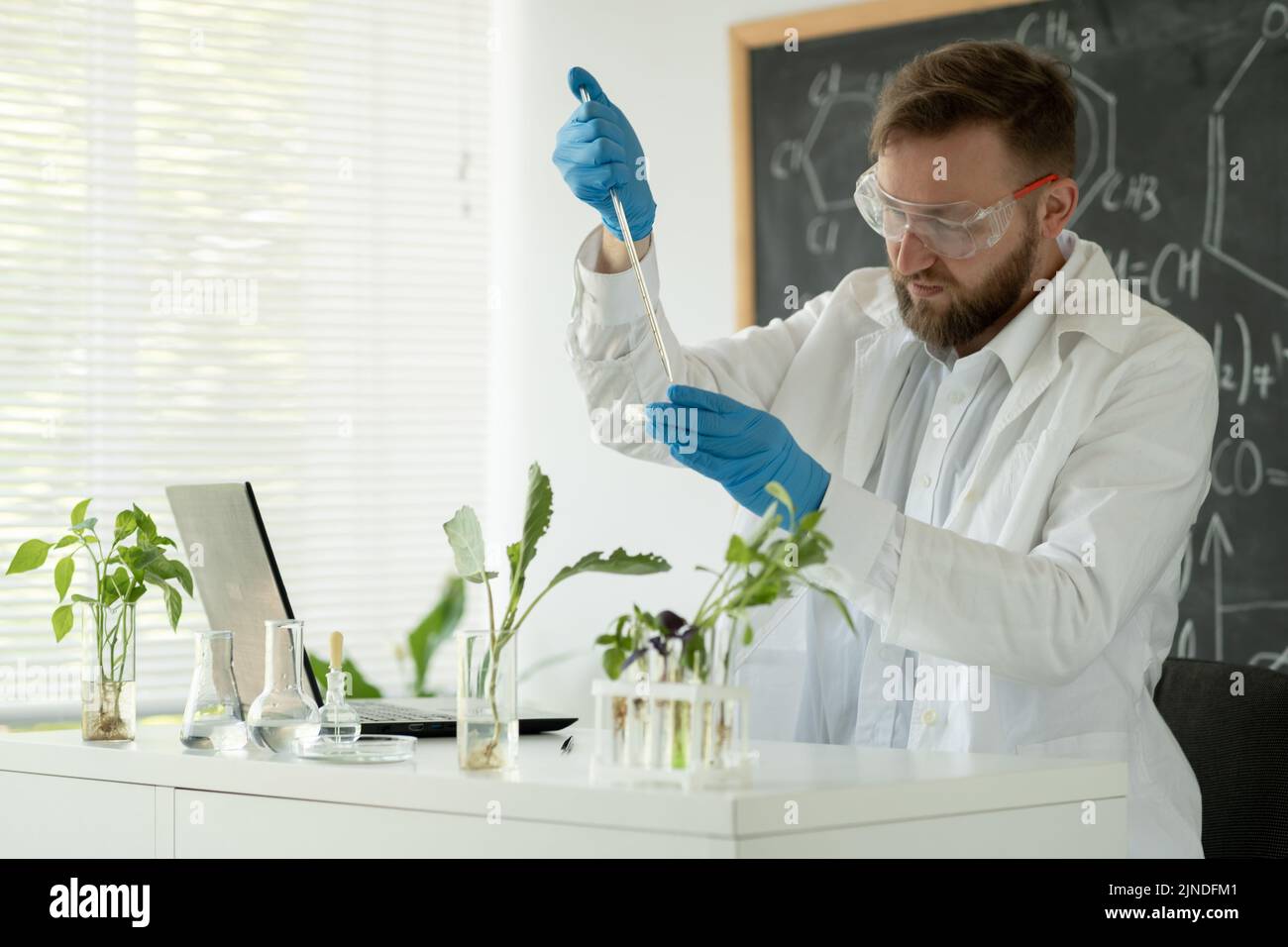 male scientist conducts experience in laboratory working with laptop ...