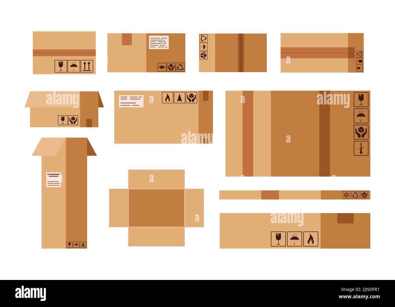 Parcel box set with packaging labels isolated on white background Stock ...