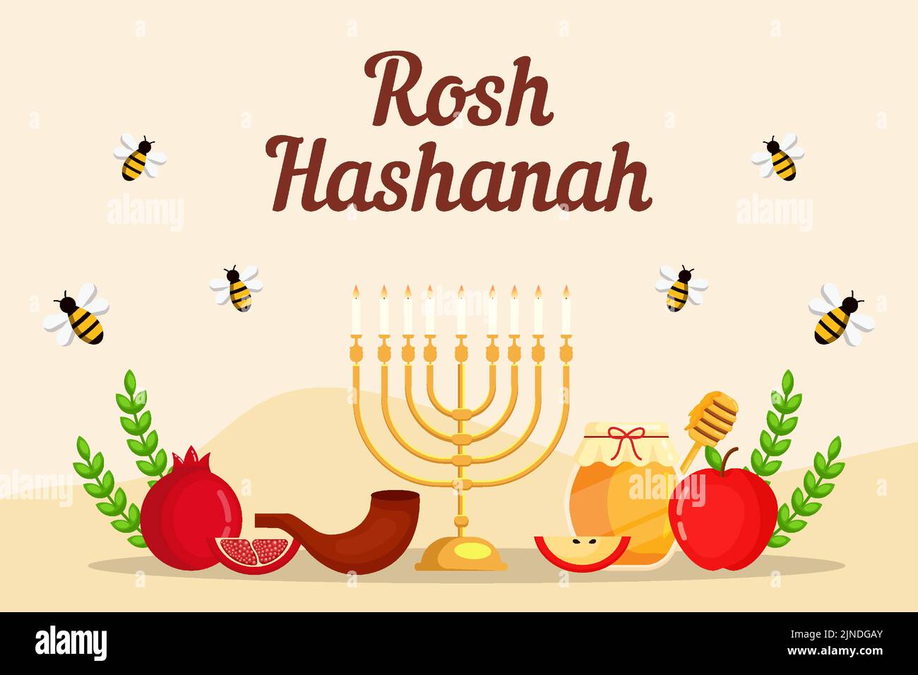 rosh hashanah background illustration with fruits, honey, and bees ...
