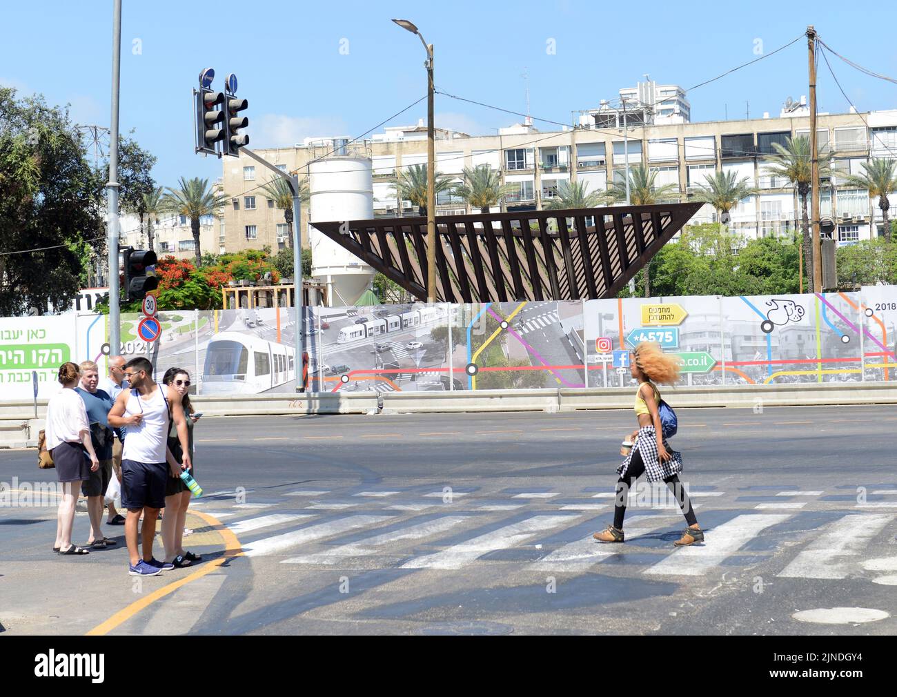 July 2022, Tel-Aviv Israel. Light rail construction in the city center ...
