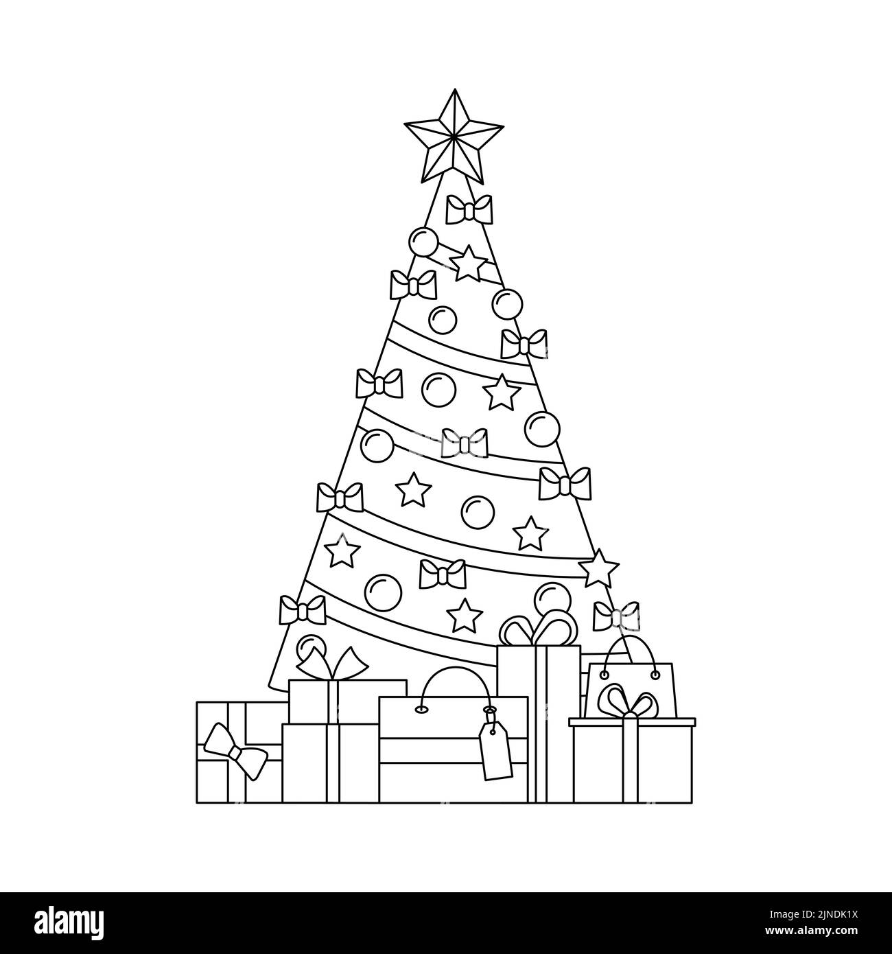 Christmas tree with gift and decor drawing line art vector illustration ...