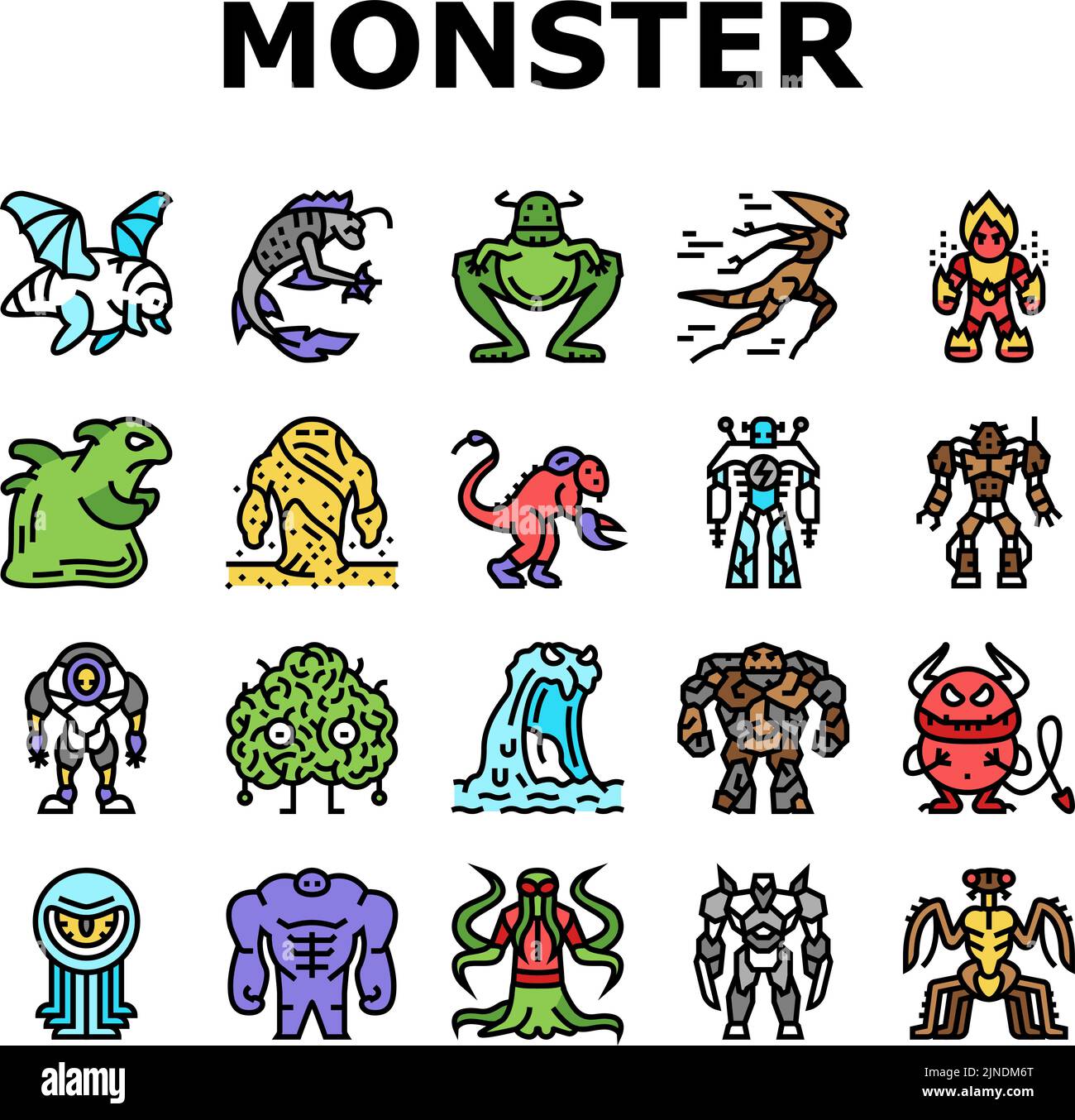 Monster Scary Fantasy Characters Icons Set Vector Stock Vector Image ...