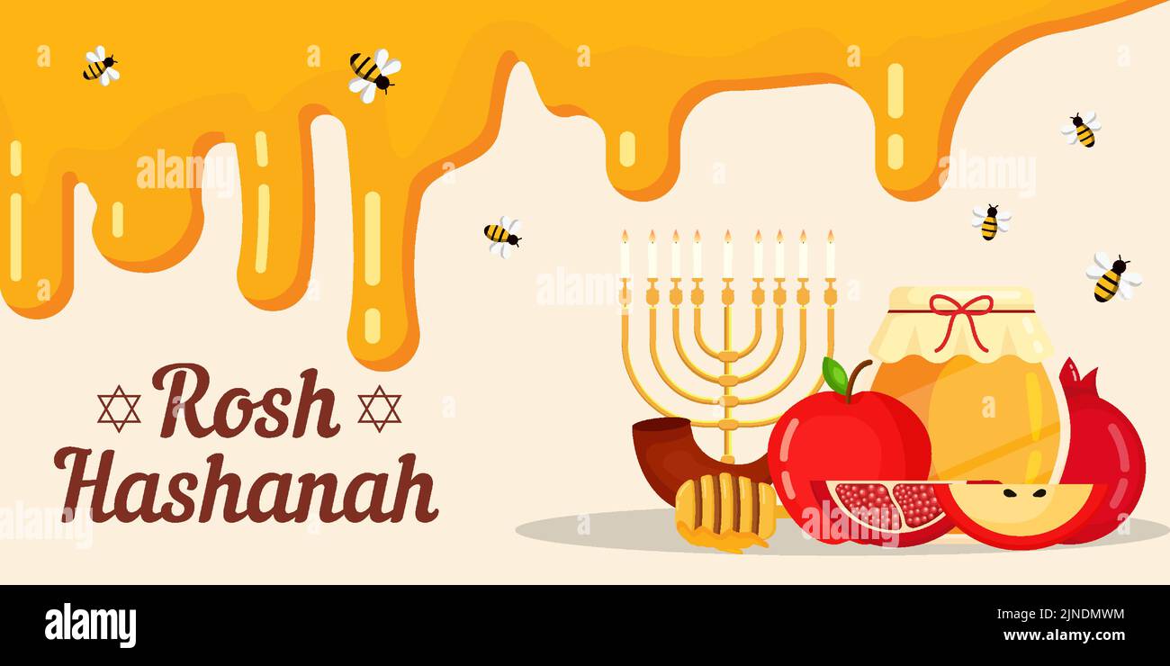 flat rosh hashanah background illustration with melted honey, fruits ...
