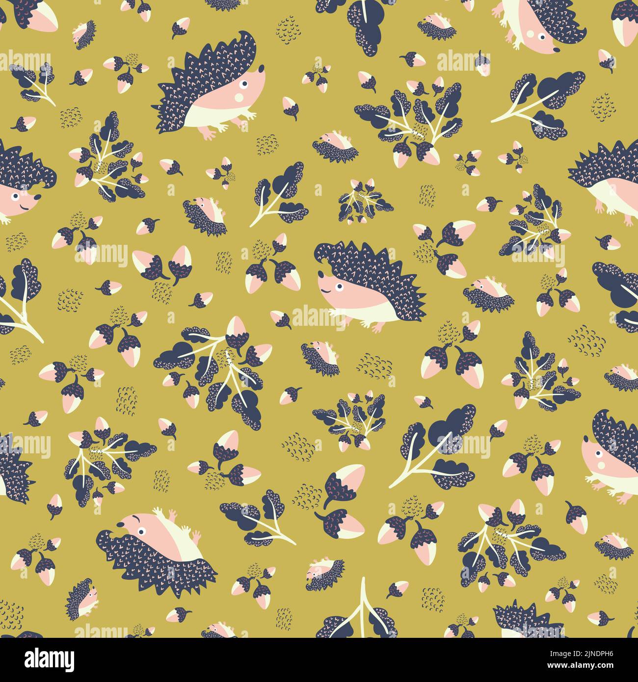 Cute vector spiky, prickly, hedgehog, acorn and oak leaves background ...