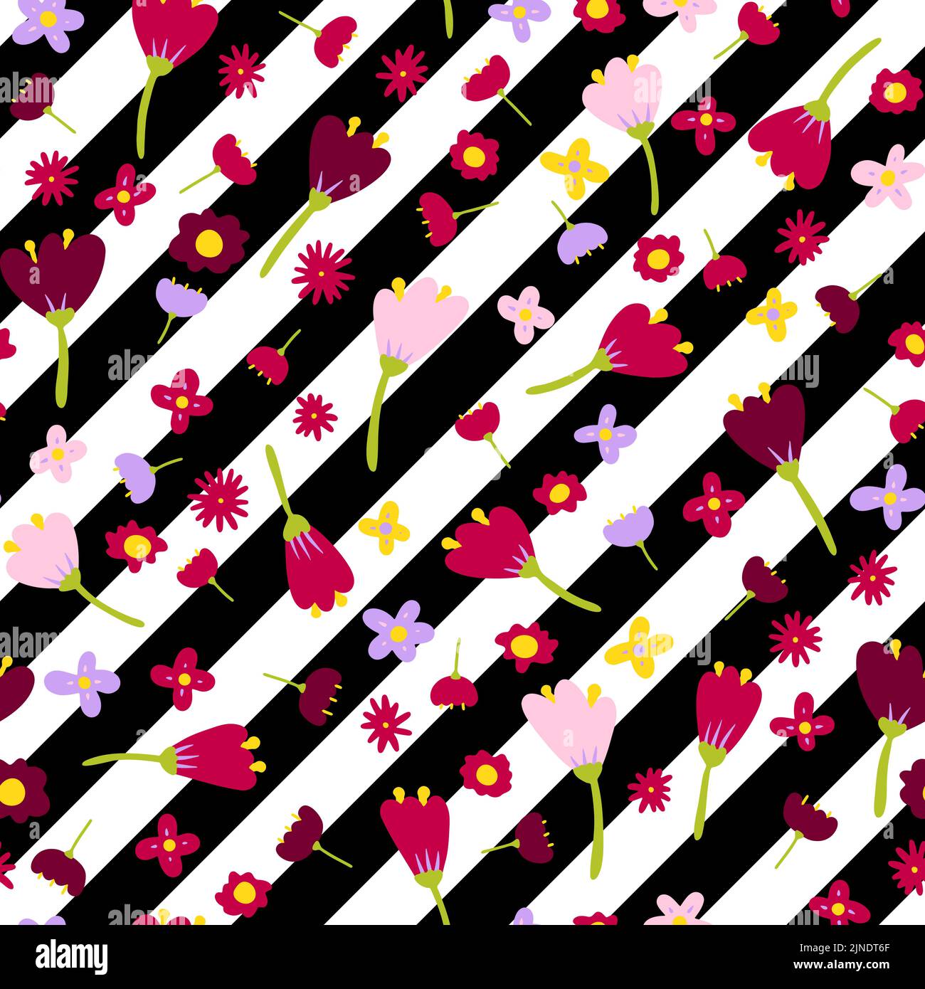 Seamless cartoon abstract flowers pattern. Color floret on diagonal ...
