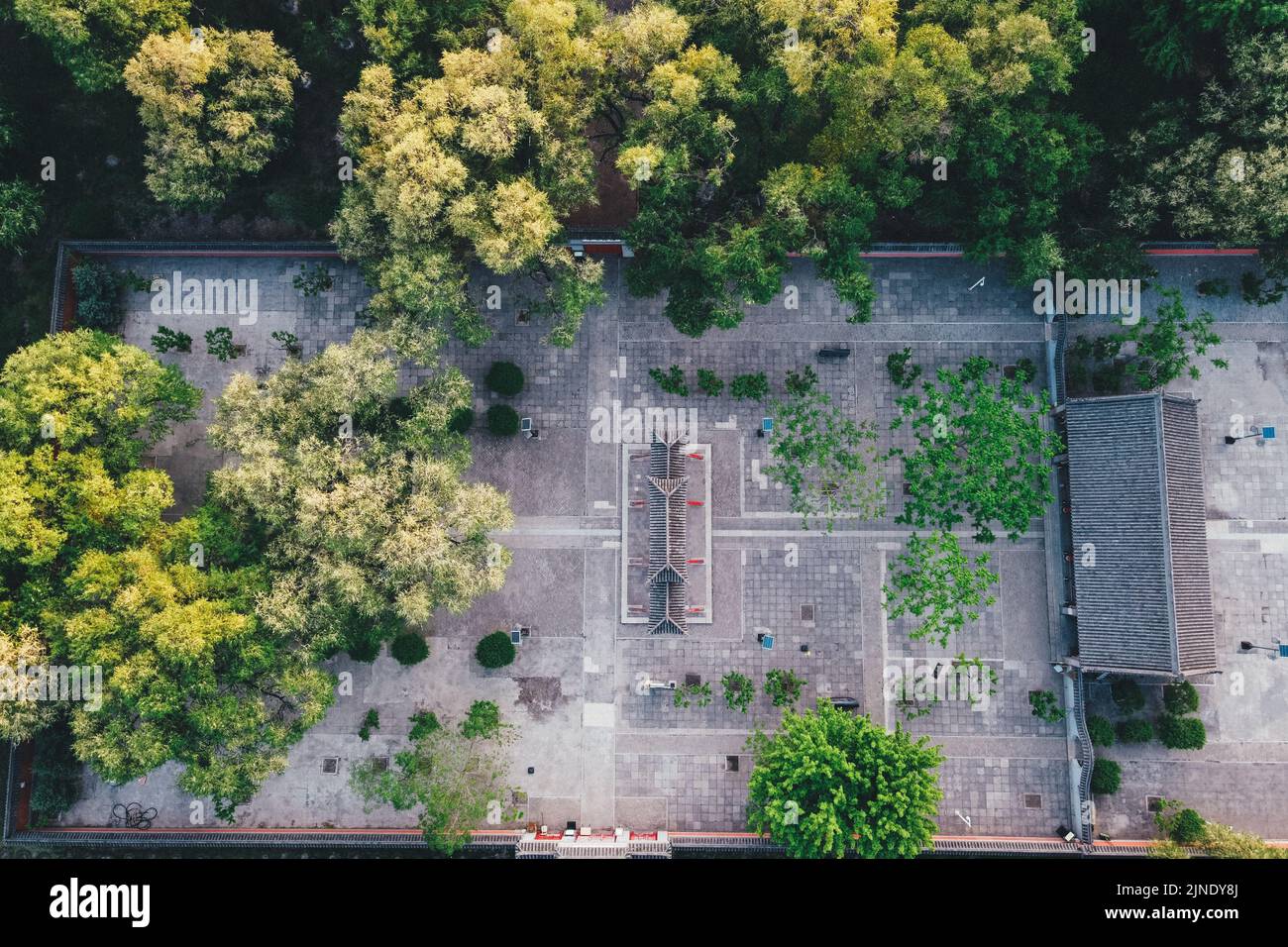 AN aerial top view of buildings surrounded by trees in a garden in ...