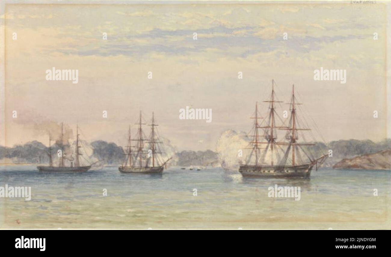 The China War 1857, three of HM Ships bombarding and ships’ boats ...