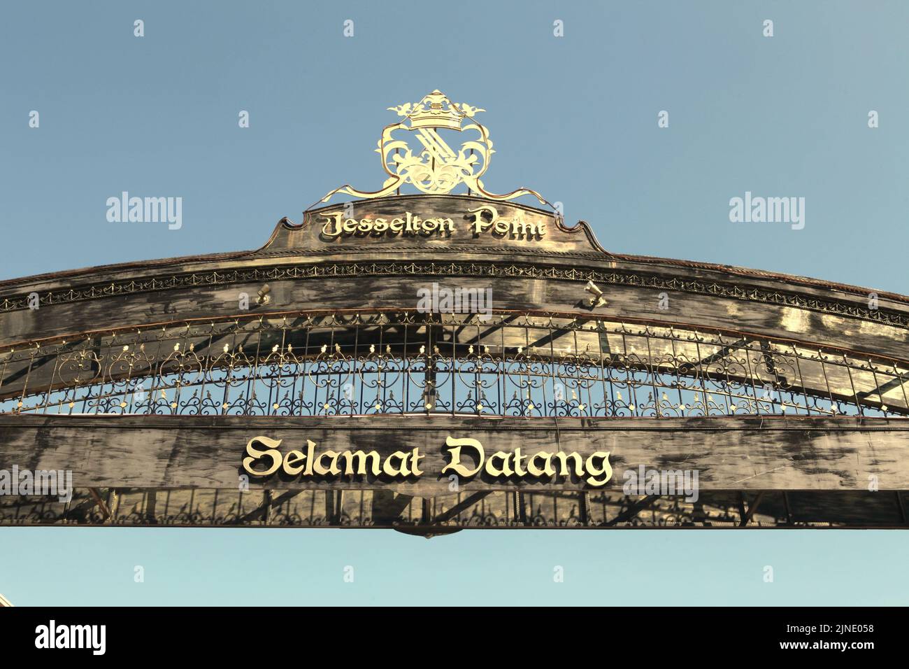 A welcome sign on the gate of Jesselton Point, a seaside area for ...