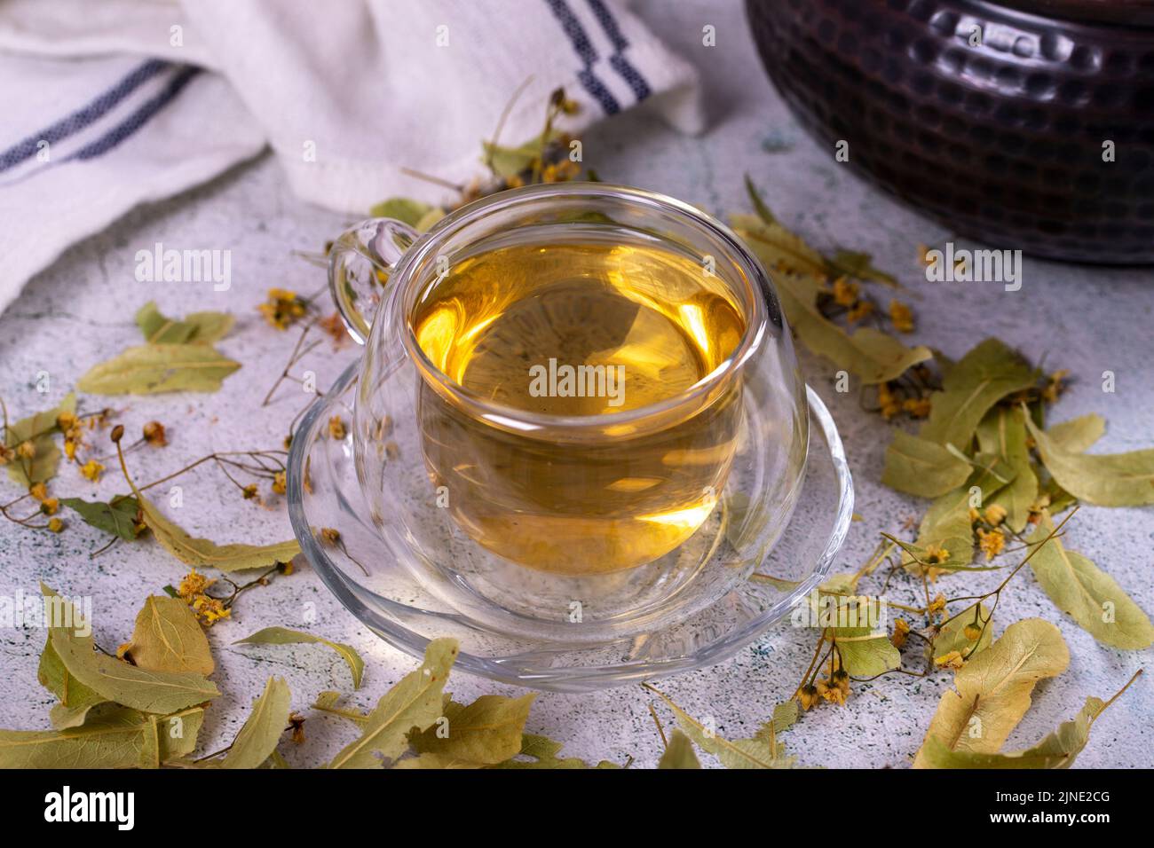 Linden tea. Linden tea on stone background. Herbal tea concept. Healthy ...
