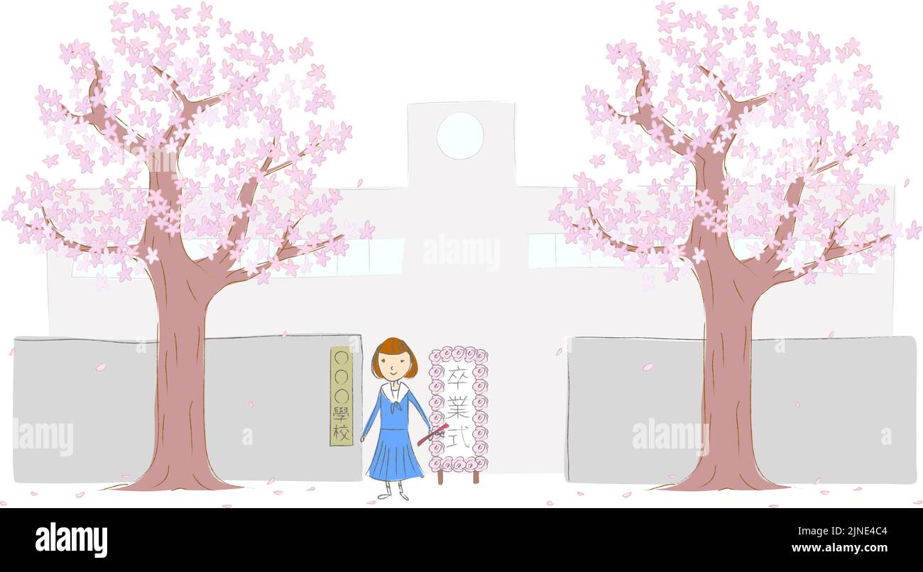 Cherry tree, school front gate and female students Stock Vector Image ...