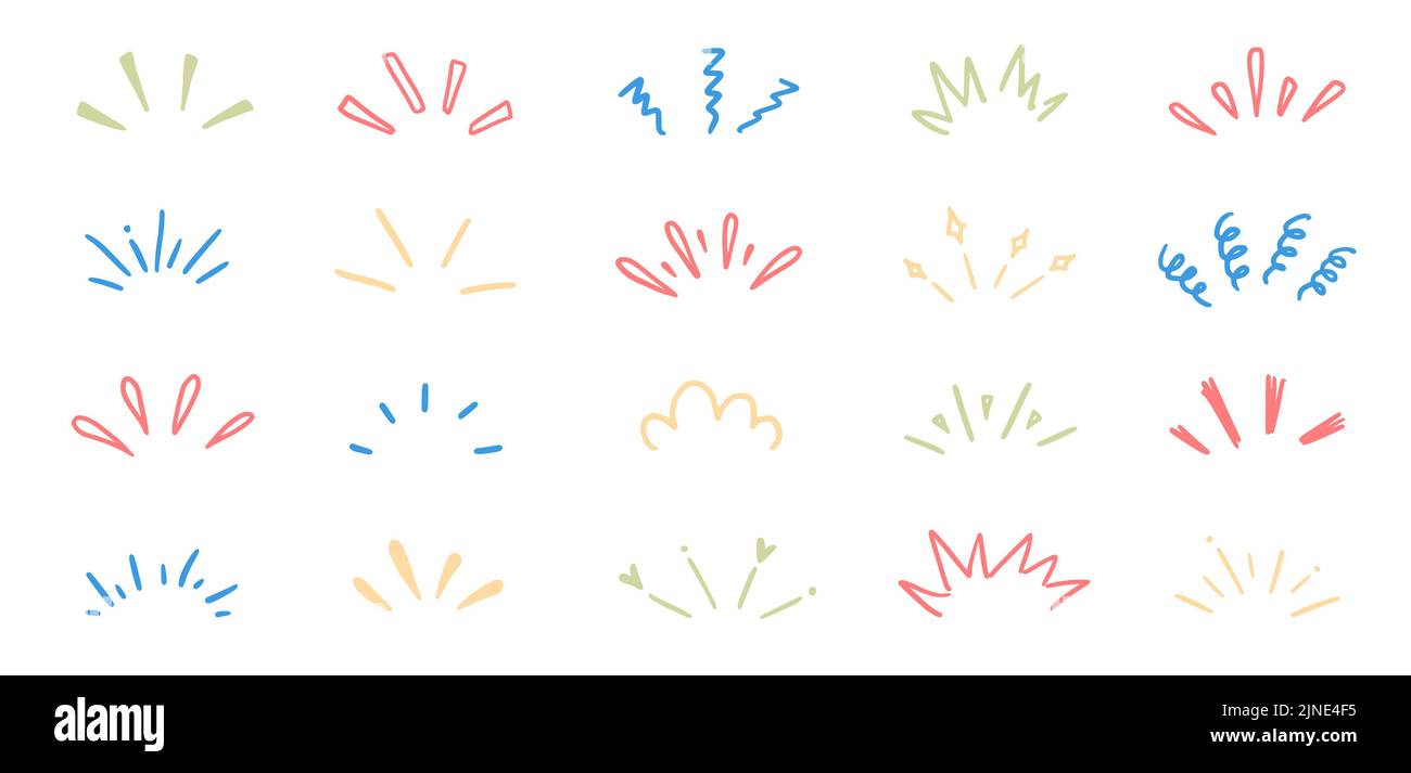 Doodle pop surprise line elements. Hand drawn shine sunburst ray frame ...