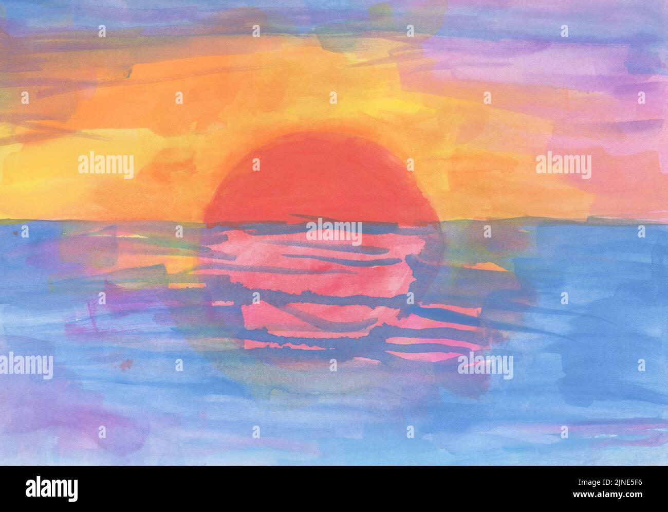 Watercolor painting of the sun setting in the sea Stock Photo - Alamy