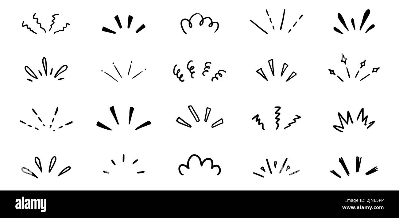 Doodle pop surprise line elements. Hand drawn shine sunburst ray frame ...