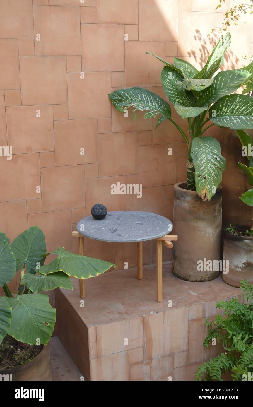 A vertical shot of a modern round coffee table surrounded by green ...