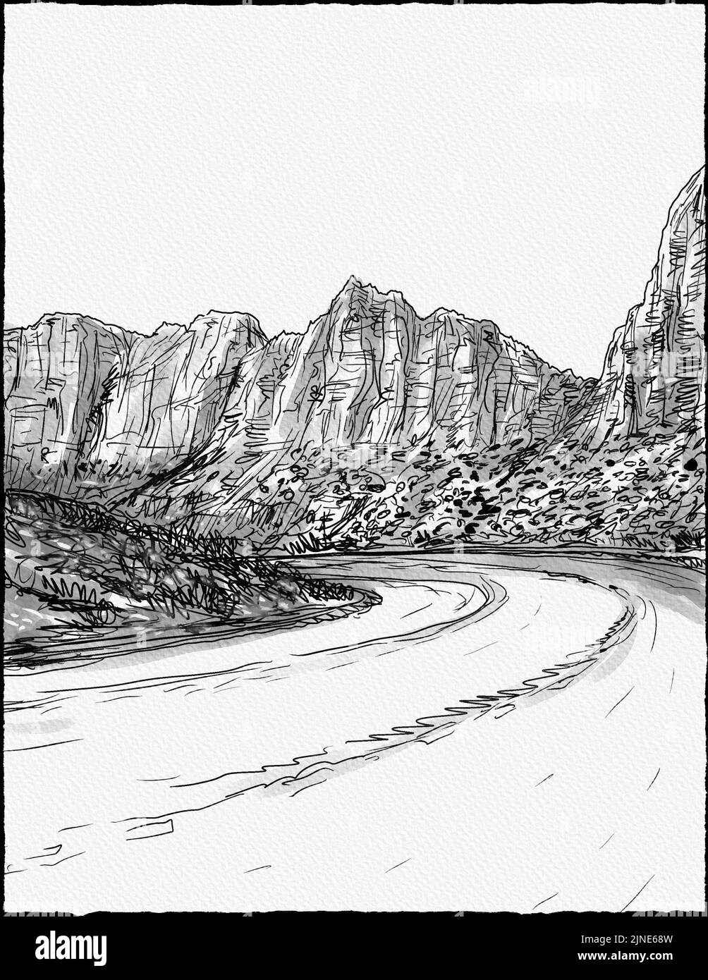 Pen and ink drawing of Pine Creek Canyon in Zion National Park along ...