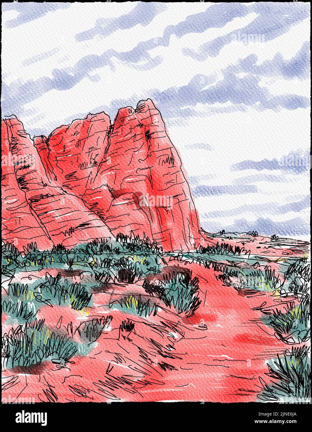 Pen and ink watercolor drawing of Devils Garden Trail with rock fins ...