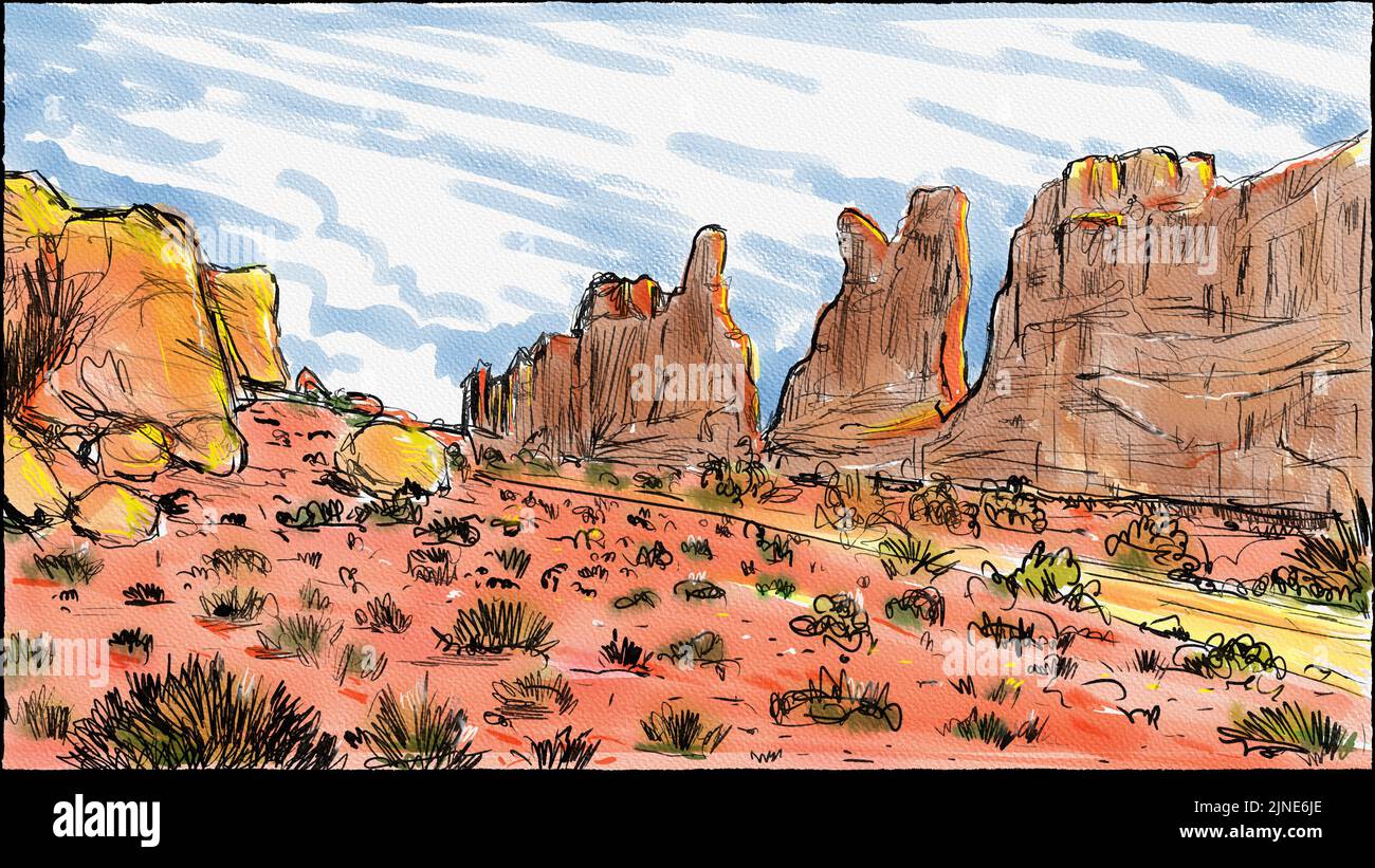 Pen and ink watercolor drawing painting of Park Avenue Trail on Arches ...