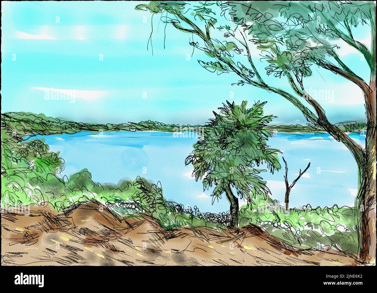 Pen and ink watercolor painting of Timpuok Lake located in Province of ...